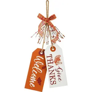 GLITZHOME Thanksgiving Wooden Give Thanks Hello Fall Door Hanger - Orange
