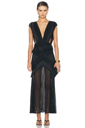 PatBO Ayla Fringe Plunge Maxi Dress