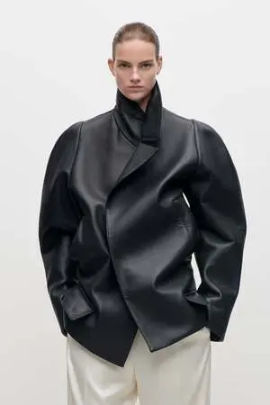 Victoria Beckham Leather Pea Coat - Black