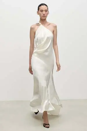 Victoria Beckham Asymmetric Midi Dress In Silk Viscose Velvet - Ivory