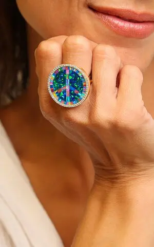 Sheryl Lowe 14k Yellow Rainbow Opal Inlay Peace Ring