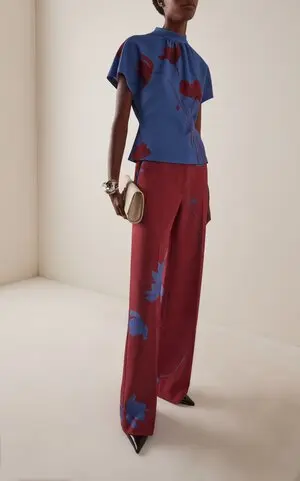 Lela Rose Printed Crepe Mock Neck Short Sleeve Top