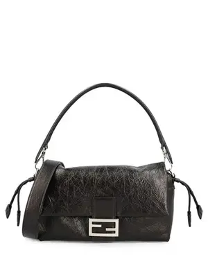 Fendi Baguette Soft Medium In Crackled Leather - Black