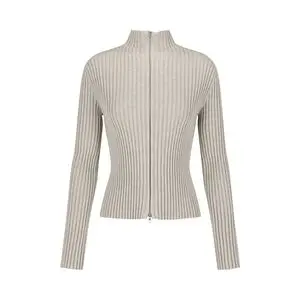 AMOMENTO Ribbed High Neck Zip Up Knit