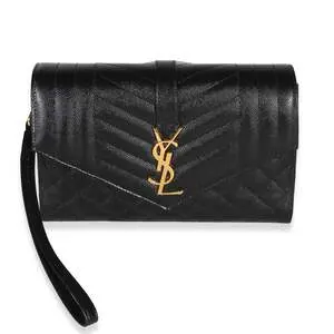 Saint Laurent Grain De Poudre Textured Mixed Matelasse Triquilt Monogram Clutch - Black