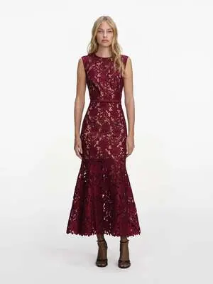 SELF-PORTRAIT Lace Midi Dress With Removable Belt, Back Zip Closure, Fitted And Flared Silhouette - Rosso