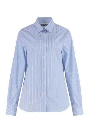 Moschino Striped Cotton Shirt With Rounded Hem - Light Blue