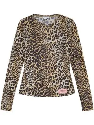 GANNI Round-neck Long-sleeve Top In 100% Recycled Polyester - Marrone