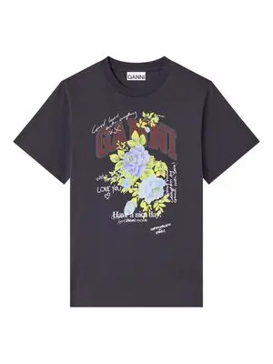 GANNI Crew Neck Cotton T-shirt With Front Print - Nero