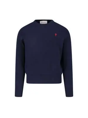AMI Paris Embroidered 100% Merino Wool Sweater - Blue