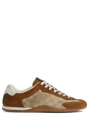Gucci Washed-effect Gg Canvas Sneaker With Suede Trim And Web Detail - Marrone