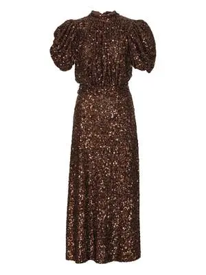 ROTATE BY BIRGER CHRISTENSEN Sequined Midi Dress With Short Sleeves - Marrone