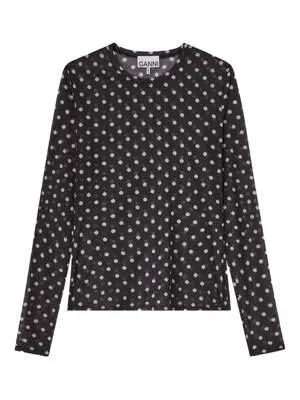 GANNI Polka Dot Sheer Round Neck Long Sleeve Top - Nero