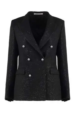 0205 TAGLIATORE Sequin Double-breasted Blazer With Padded Shoulders - Black