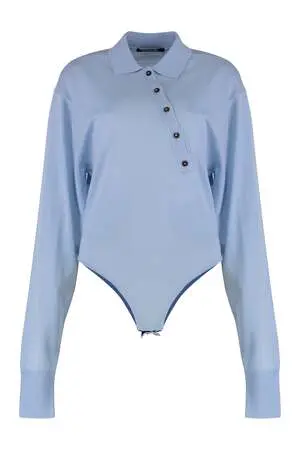 Jacquemus Jacquard-style Merino Wool Bodysuit With Polo Collar - Light Blue