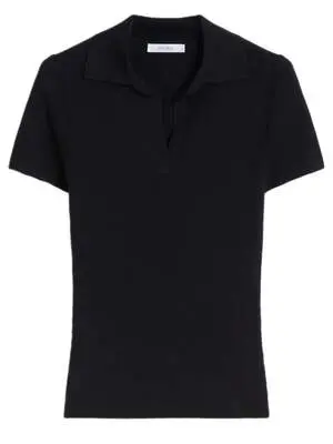 Max Mara Slim Fit Virgin Wool Open Polo Collar Top - Blu