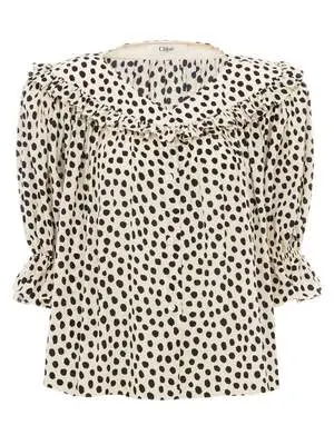 Chloé Puff-sleeve Dotted Silk Blouse With Elbow-length Sleeves - Bianco