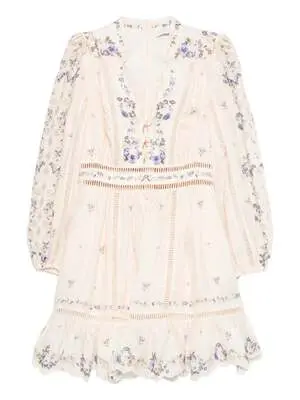 Zimmermann Deep V-neckline Rouleau Button Linen Mini Dress With Scalloped Trim
