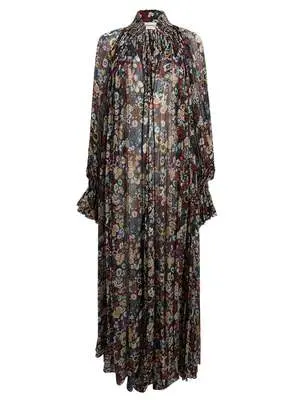 Khaite High Stand Collar Silk Blouse Dress With Billowing Sleeves - Multicolor