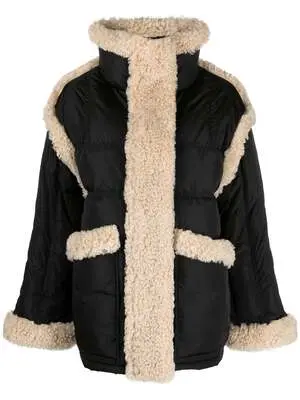 STAND STUDIO Collar Recycled Down Puffer Coat With Faux Fur Trim & Zip-snap Front - Nero