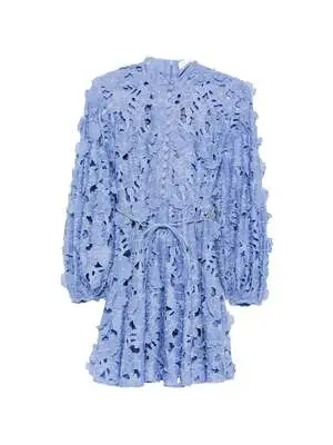 Zimmermann Embroidered Cotton Dress With Raglan Sleeves And Tassel Belt - Azzurro