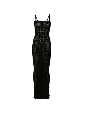 Balmain Style Long Velvet Monogram Dress With Thin Shoulder Straps