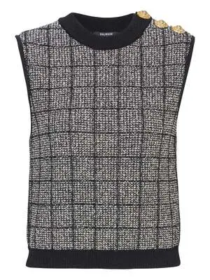 Balmain Tweed Knit Pullover With Lion-head Button Placket - Nero
