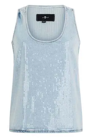 7 For All Mankind Sleeveless Denim Sequin Top - Light Blue