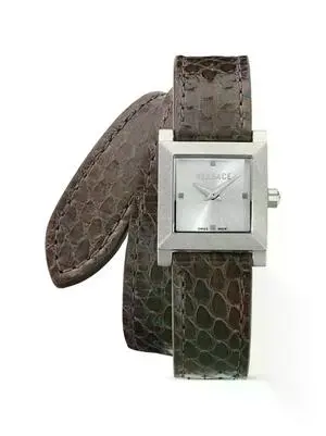 Versace Mosaic 22mm Square Face Watch With Brown Leather Strap - Silver
