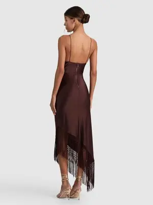 Alice + Olivia Harmony Asymmetrical Fringe Maxi Dress - Dark Chocolate