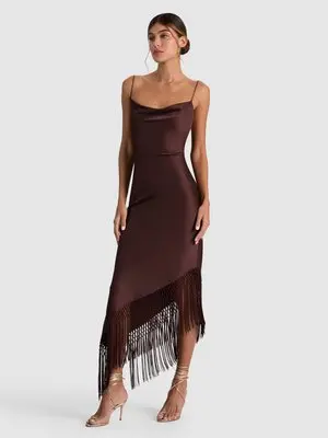 Alice + Olivia Harmony Asymmetrical Fringe Maxi Dress - Dark Chocolate