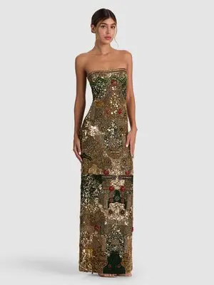 Alice + Olivia Embellished Strapless Gown - Gold/multi