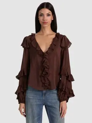 Alice + Olivia Rylee Ruffle Blouse - Dark Chocolate