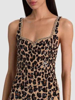 Alice + Olivia Eve Embellished Leopard Print Midi Gown