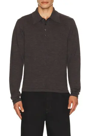 LEMAIRE Long Sleeve Knitted Polo Top In Brown - Ecorce