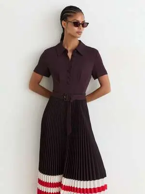 REISS Ayla Pleated Midi Dress With Striped Hem