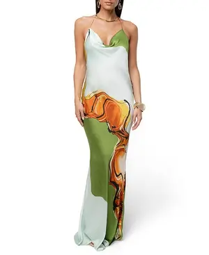 JLUXLABEL Tropical Print Golden Touch Satin Maxi Dress