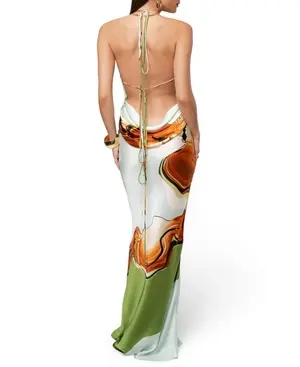 JLUXLABEL Tropical Print Golden Touch Satin Maxi Dress