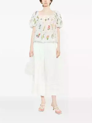 Farm Rio Tropical Porcelain Puff-sleeve Blouse - White