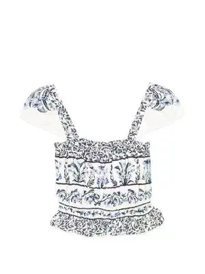 Farm Rio Floral-print Gathered Blouse - White