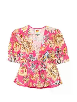 Farm Rio Floral Print Puff Sleeve Blouse - Pink