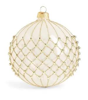 Harrods Glass Glitter Criss-cross Bauble - Beige