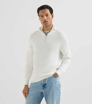 Brunello Cucinelli Cotton Rib-knit Quarter-zip Sweater - White