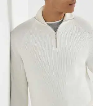 Brunello Cucinelli Cotton Rib-knit Quarter-zip Sweater - White