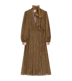 Valentino Garavani Silk-blend Embellished-cuff Midi Dress - Brown