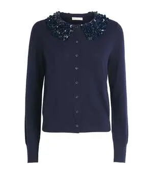 Ulla Johnson Merino Wool Embellished Cardigan - Navy