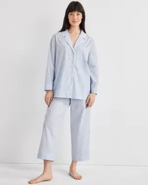 HAVEN WELL WITHIN Lightweight Organic Cotton Poplin Pajama Shirt - Ogee Blue Print
