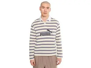 PUMA Essentials Elevated No.1 Relaxed Striped Rugby Polo Clothing Buttercream/striped - Navy