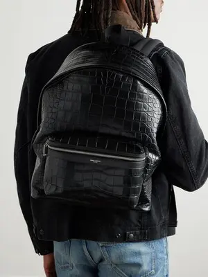 Saint Laurent City Croc-effect Glossed-leather Backpack