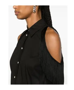 Pinko Fringed Cold Shoulder Midi Shirt Dress